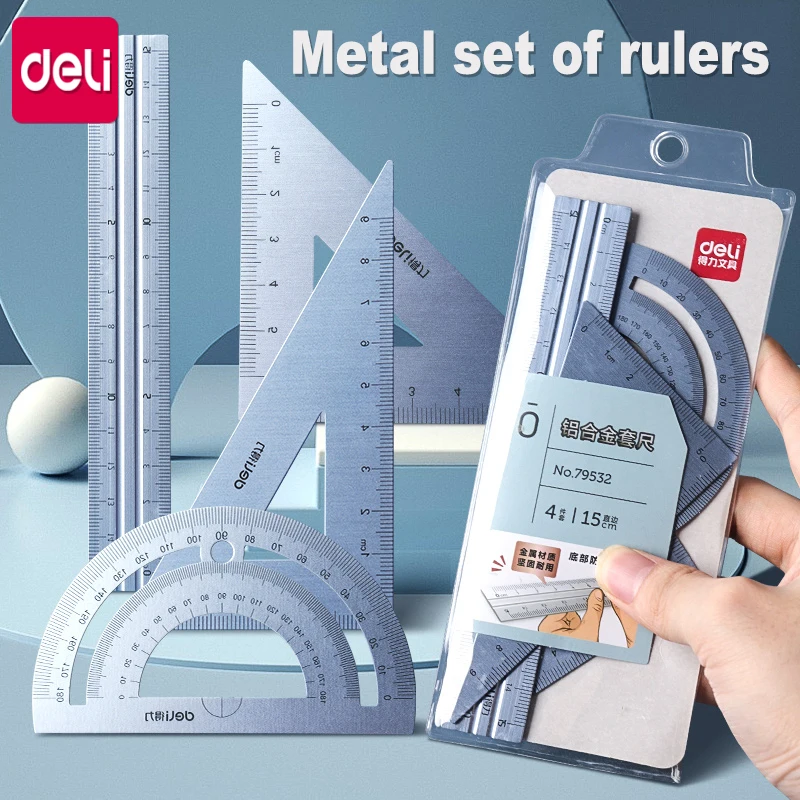 Deli Metal cetvel okul çizim ölçme üçgen cetvel öğrenme çocuklar için ...