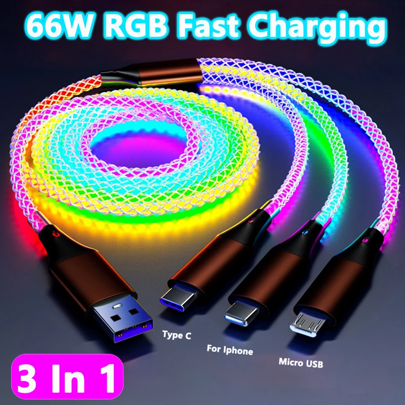 3 In 1 66W 6A RGB işık tipi C kablo USB aydınlatma kablosu hızlı şarj ...